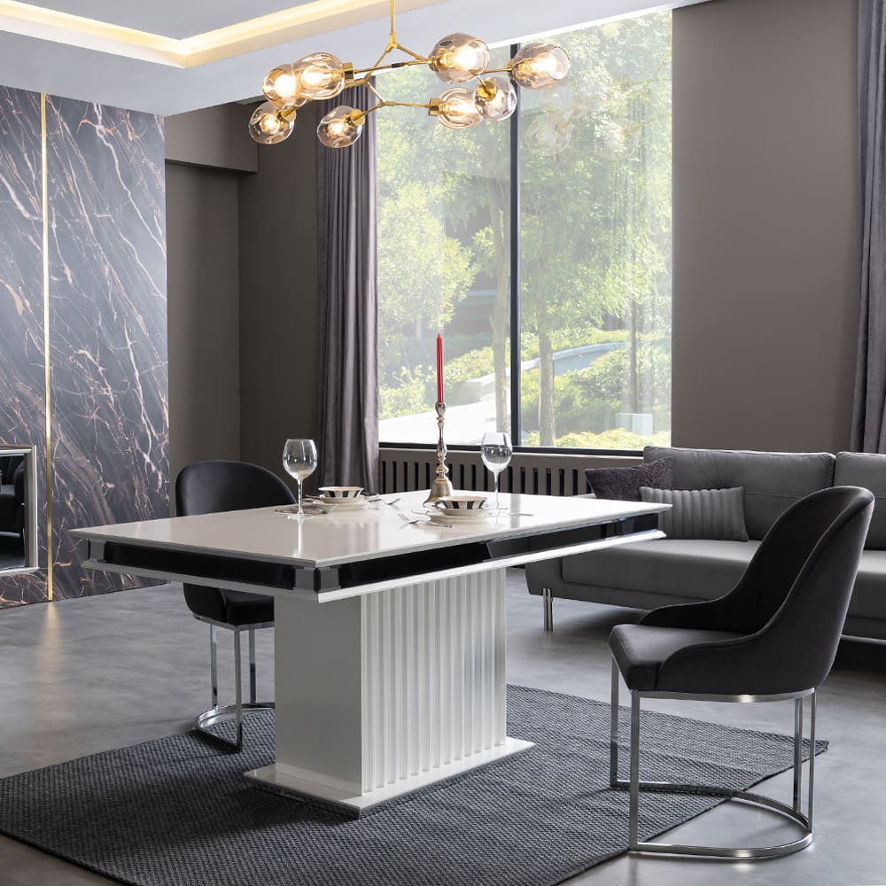 Dining Table; (220x110x77cm) + 8 Side Chairs, White | TACC